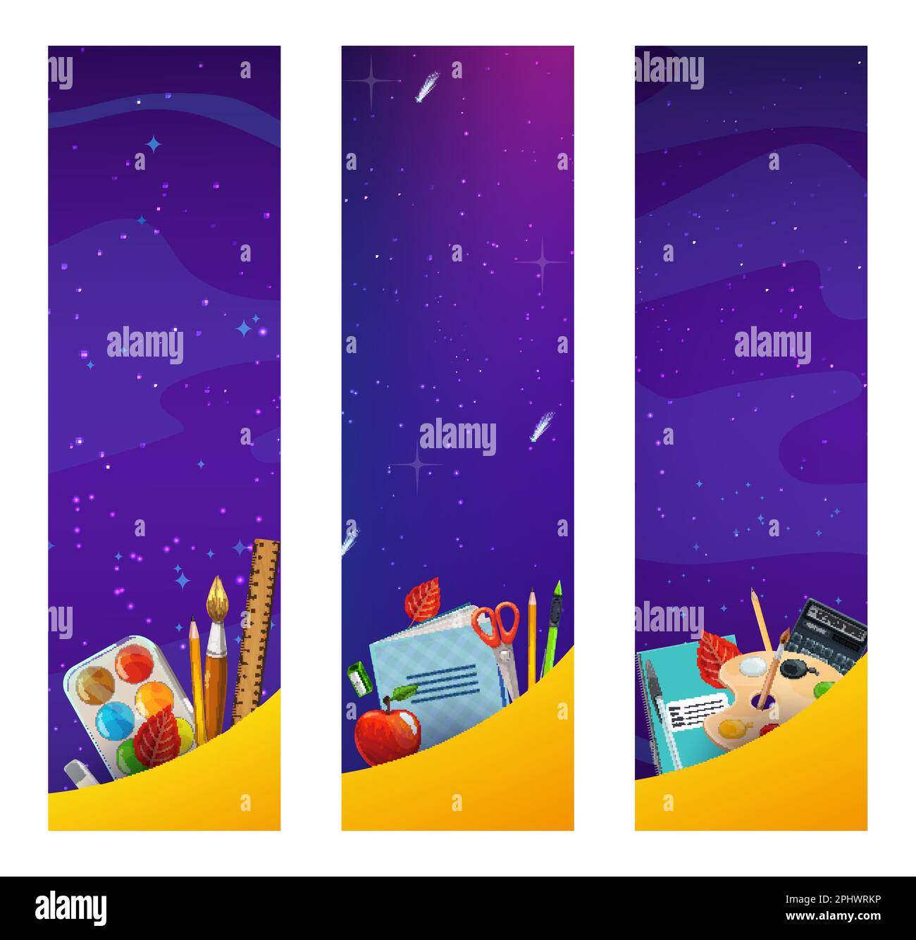 School education banners with galaxy starry space, stars and planets ...