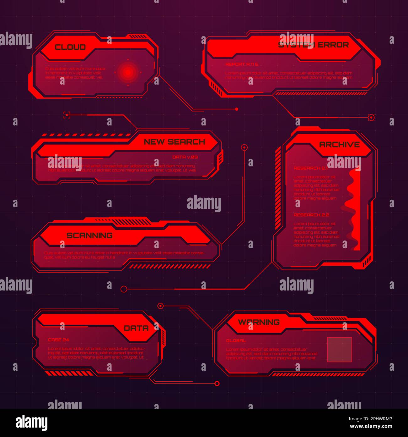 Red futuristic HUD or UI elements. Sci-fi user interface text boxes, callouts. Warning message ...