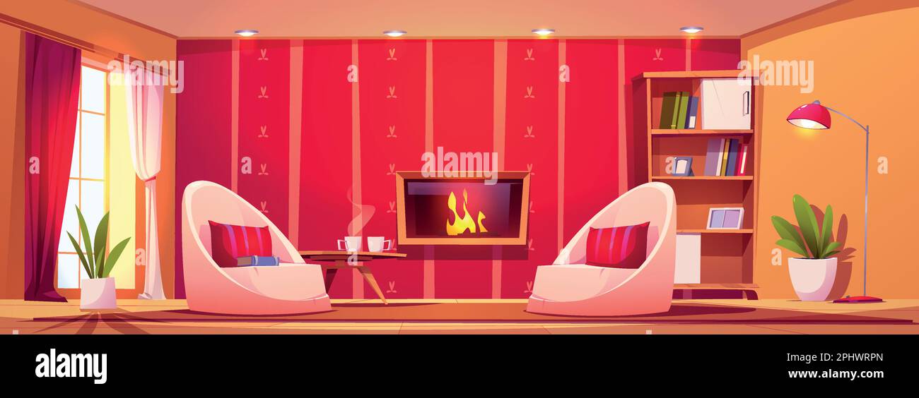 Modern living room interior with fireplace. Vector cartoon illustration ...