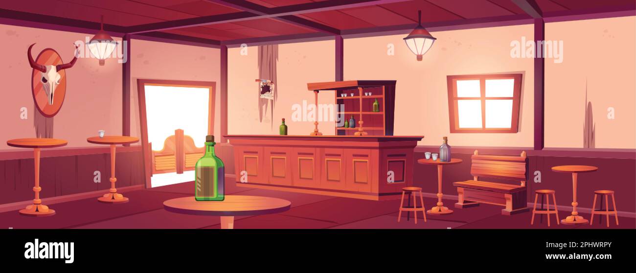 Western saloon wood interior. West cowboy bar with bottle on table ...