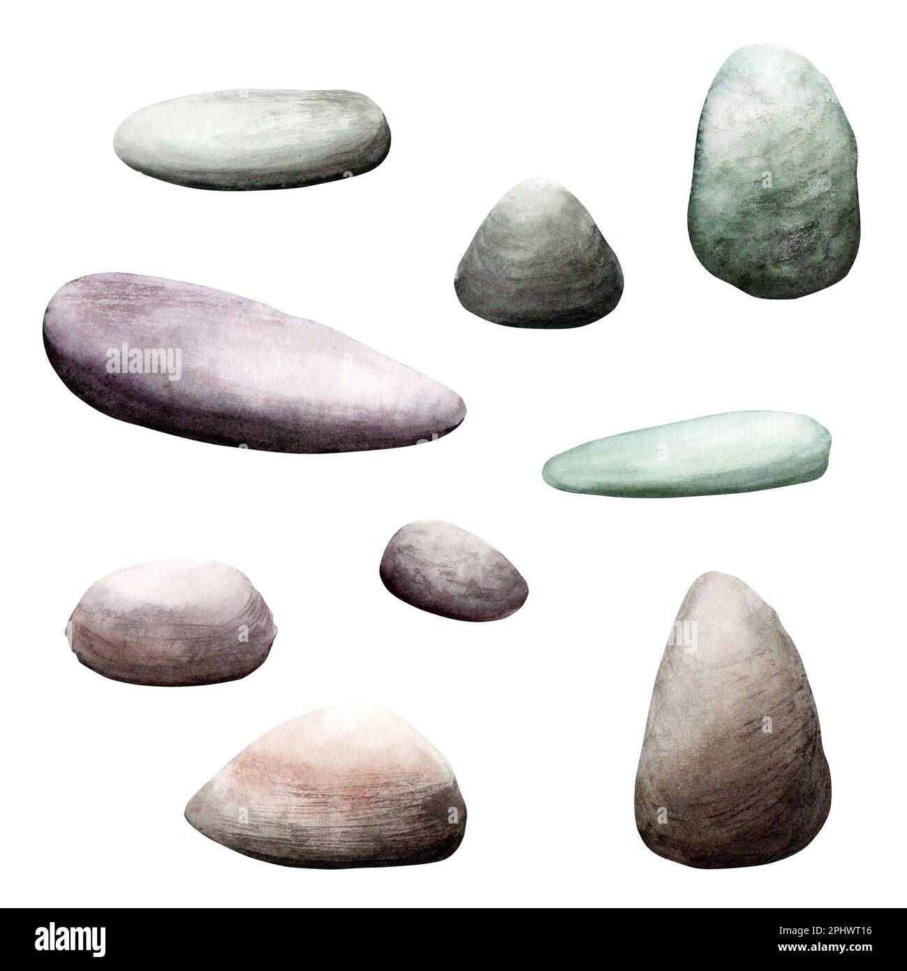 A set of river, sea stones, pebbles. Hand drawn watercolor illustration ...