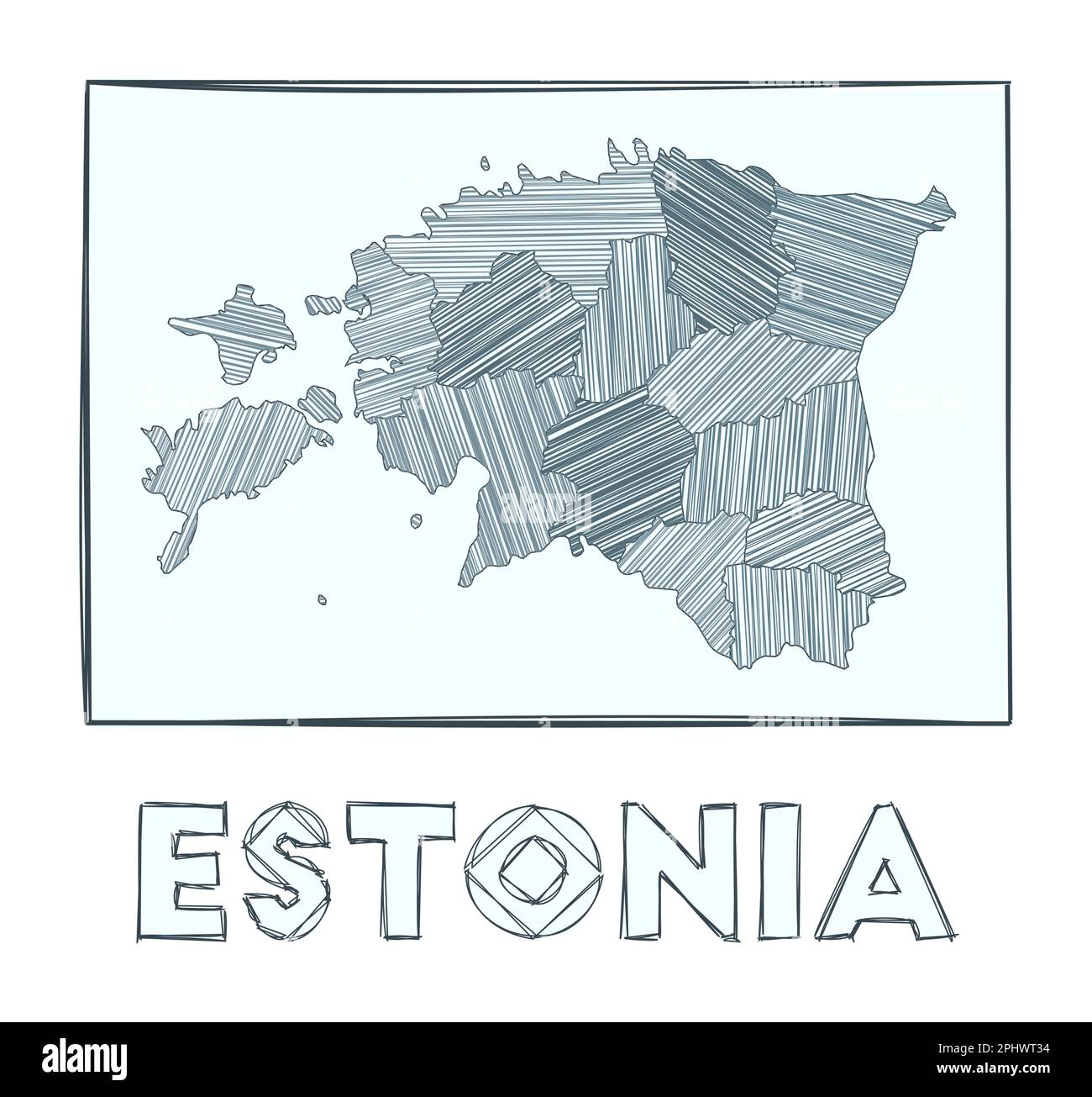 Sketch map of Estonia. Grayscale hand-drawn map of the country. Filled ...