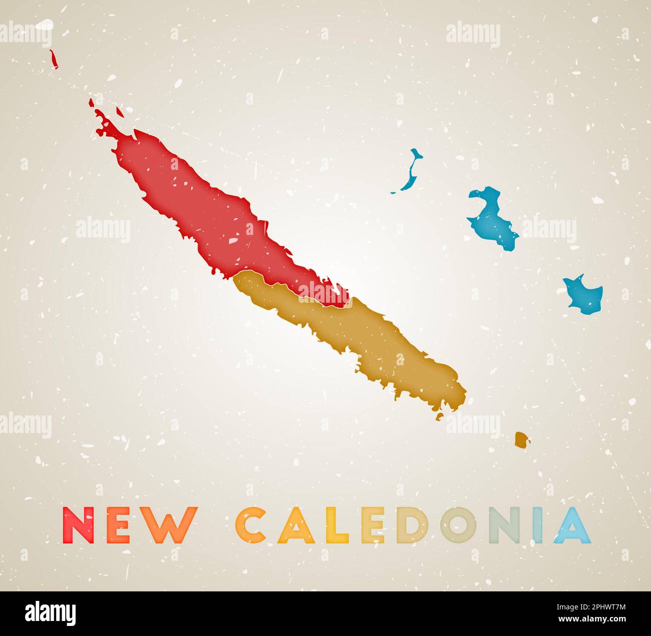 New Caledonia map. Country poster with colored regions. Old grunge ...