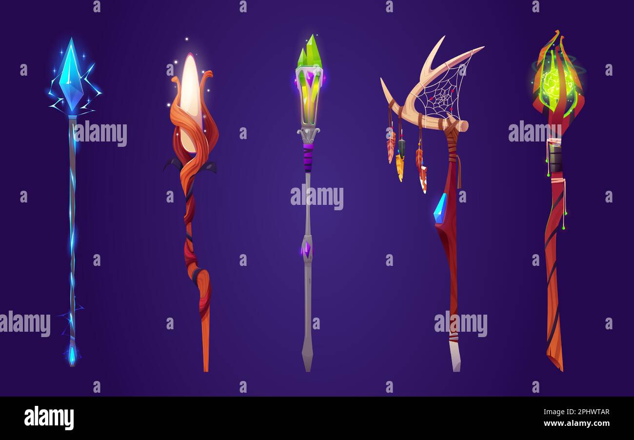 Cartoon set of magic power staffs isolated on background. Vector ...