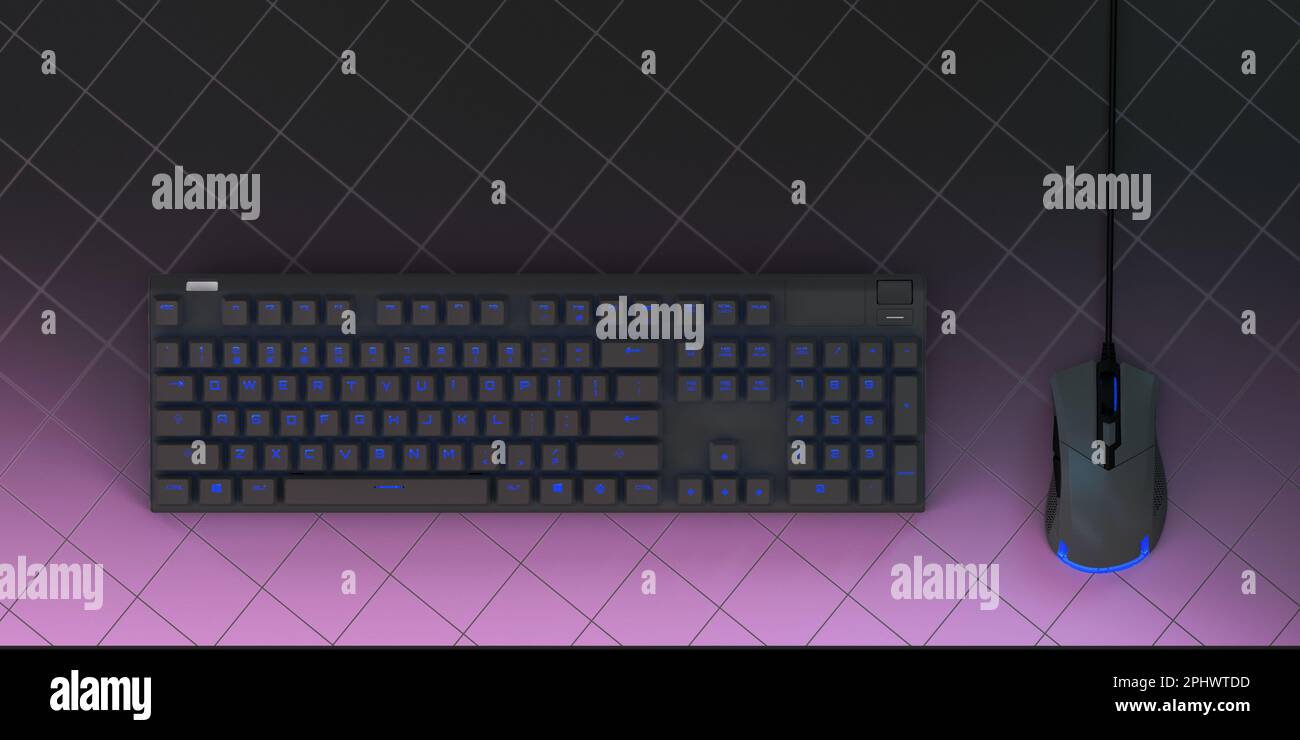 Computer Gaming PC keyboard neon light Futuristic modern workplace 3d ...