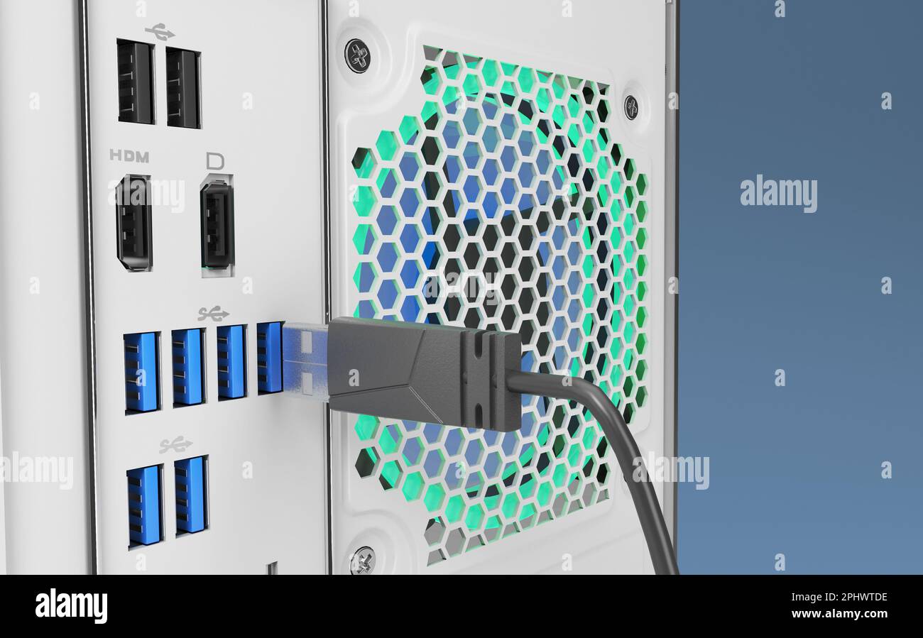 Connecting Device to USB Port on back side of Computer 3d render Stock ...