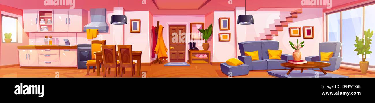 Panoramic home interior with kitchen and living room. Cartoon vector ...