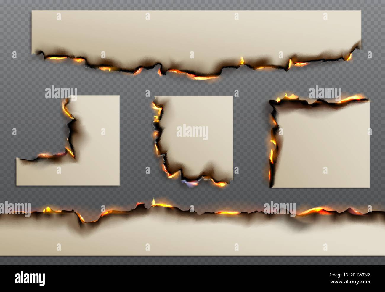 Isolated burn paper page edge with fire vector effect. Realistic burnt ...