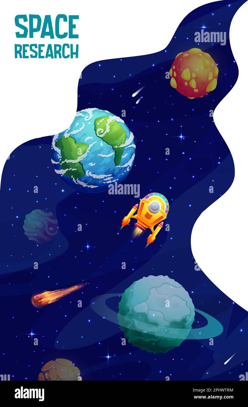 Space landing page. Cartoon galaxy planets, stars and spaceship near ...