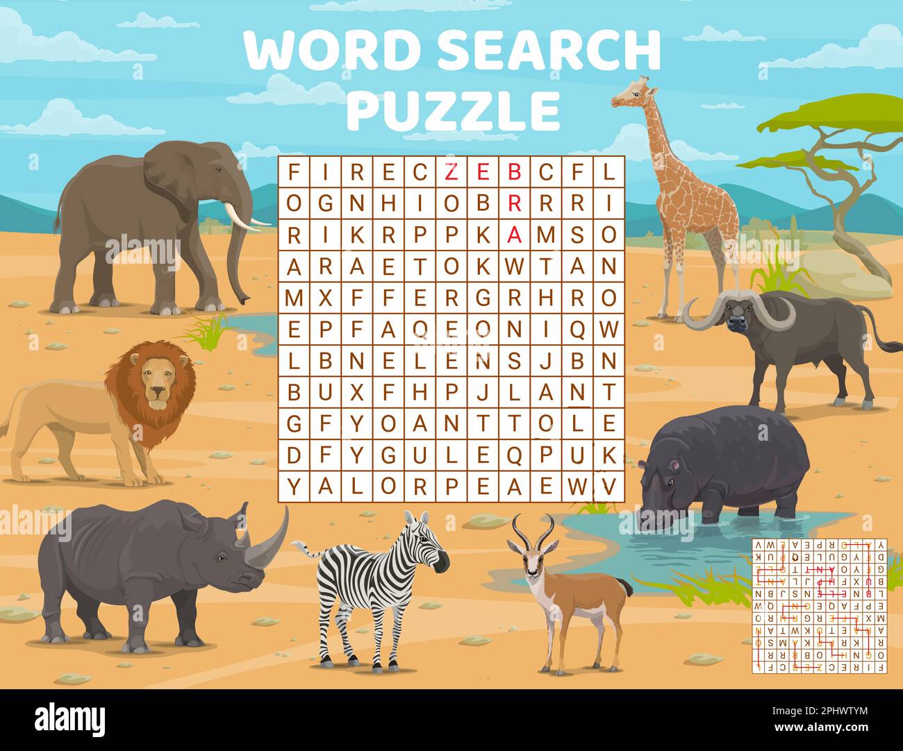 Word search puzzle game. Cartoon african savannah animals. Vector ...