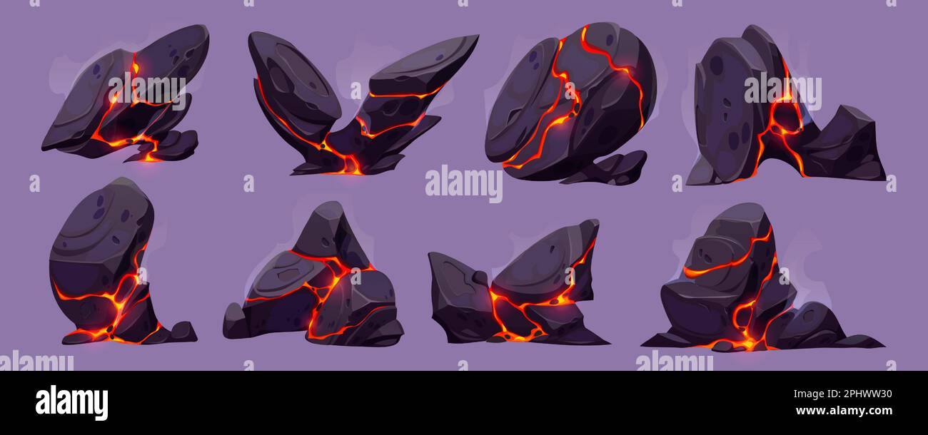 Lava rock with crack and light texture vector volcano set. Fire and ...