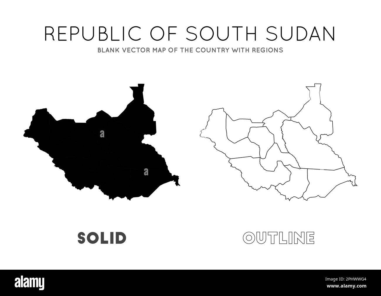 South Sudan map. Blank vector map of the country with regions. Borders ...