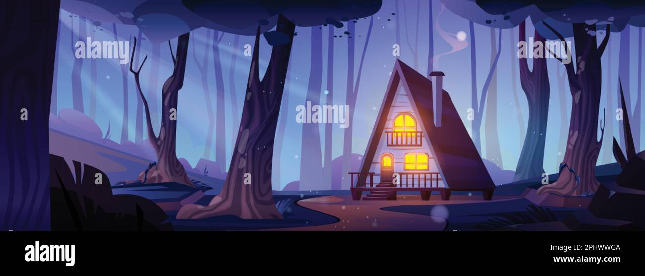 Cozy hut in night forest. Vector cartoon illustration of wooden house ...