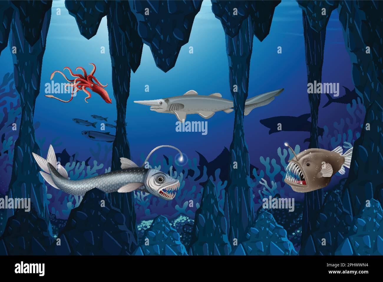 Ocean with Deep Sea Creatures illustration Stock Vector Image & Art - Alamy