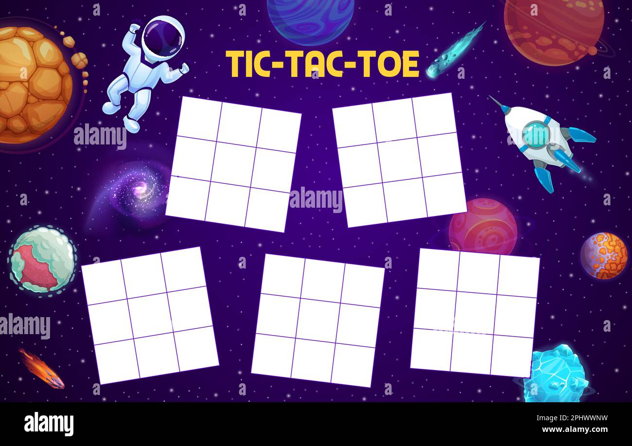 Tic tac toe worksheet with cartoon astronaut, space planets, rocket and ...