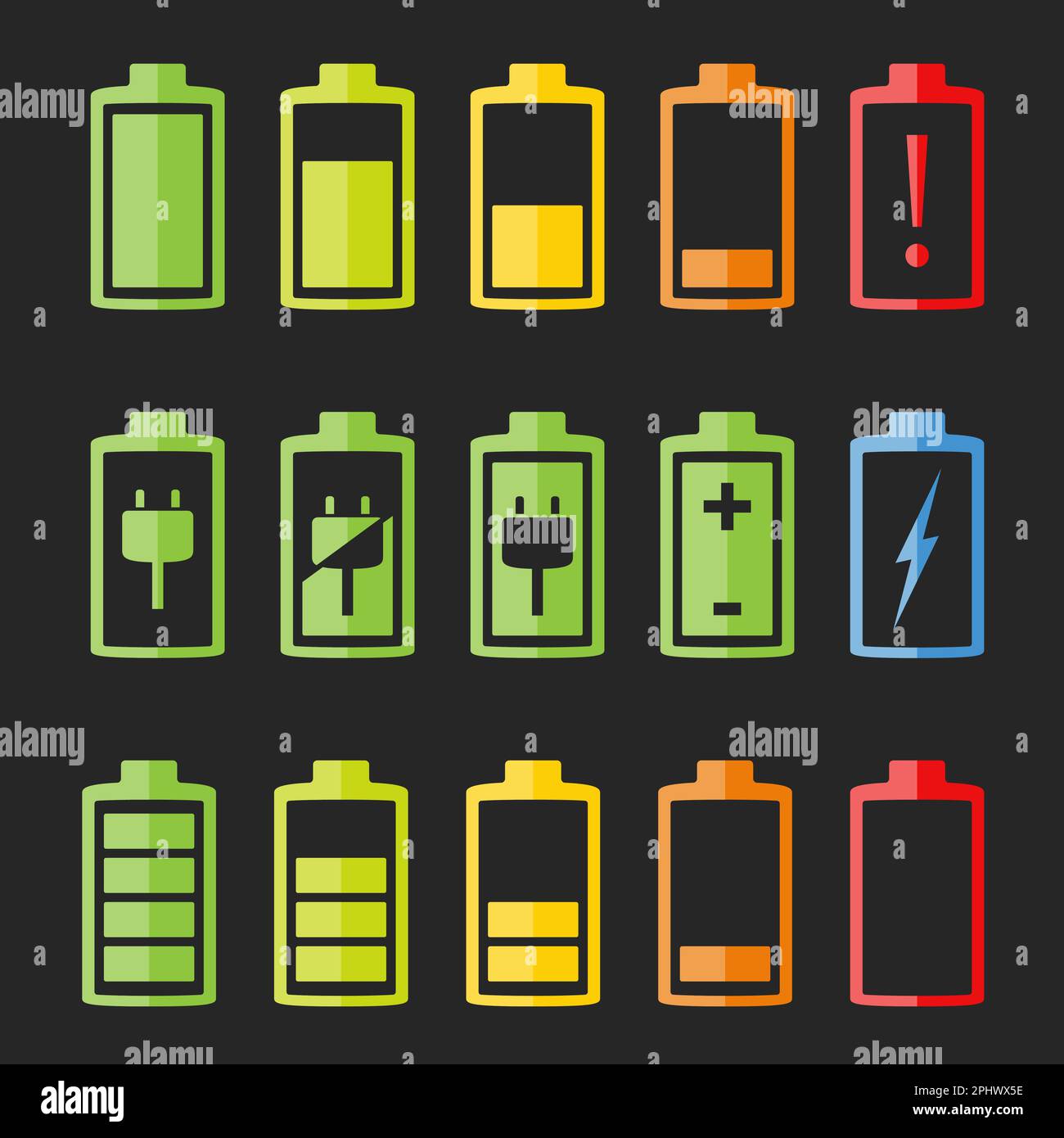 Set of battery indicators on dark background, vector eps10 illustration ...