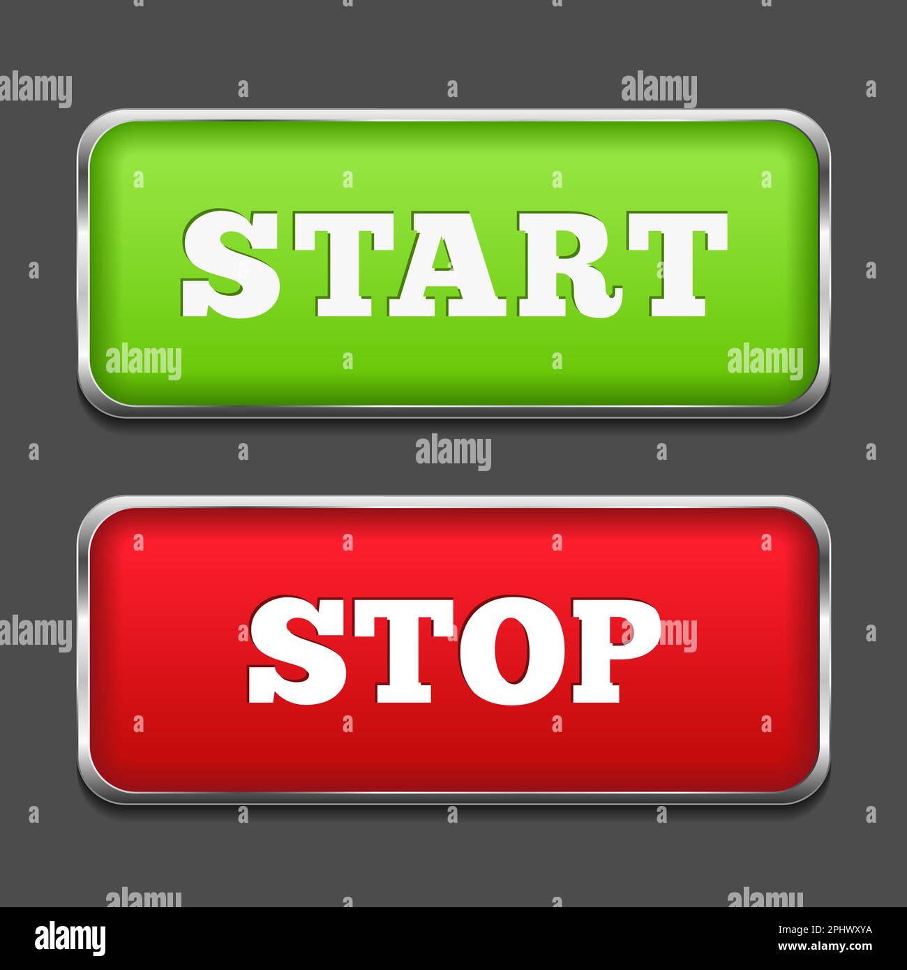 Start and stop buttons with metallic frames, vector eps10 illustration ...