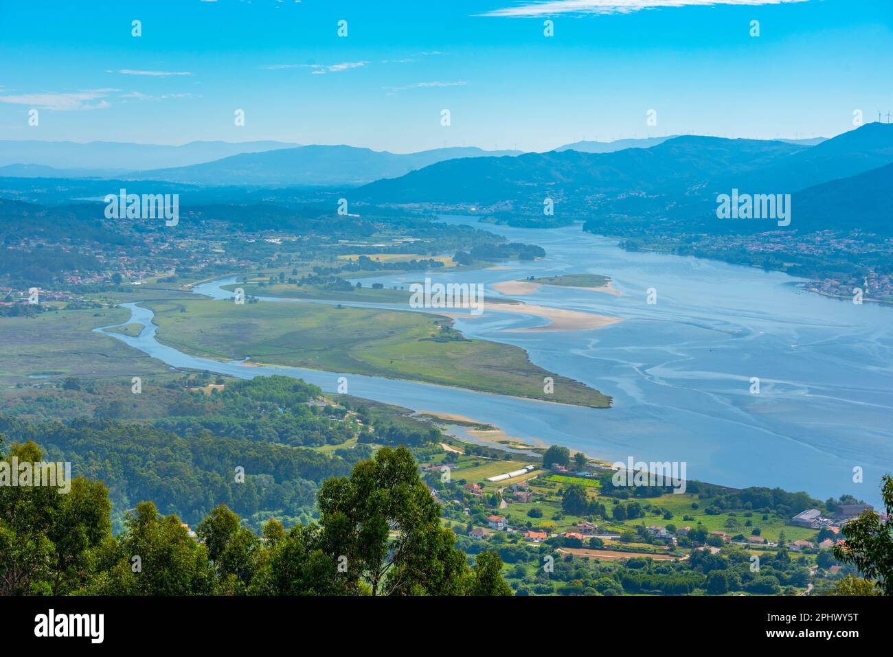 Aerial view of Minho river making a border between Spain and Portugal ...