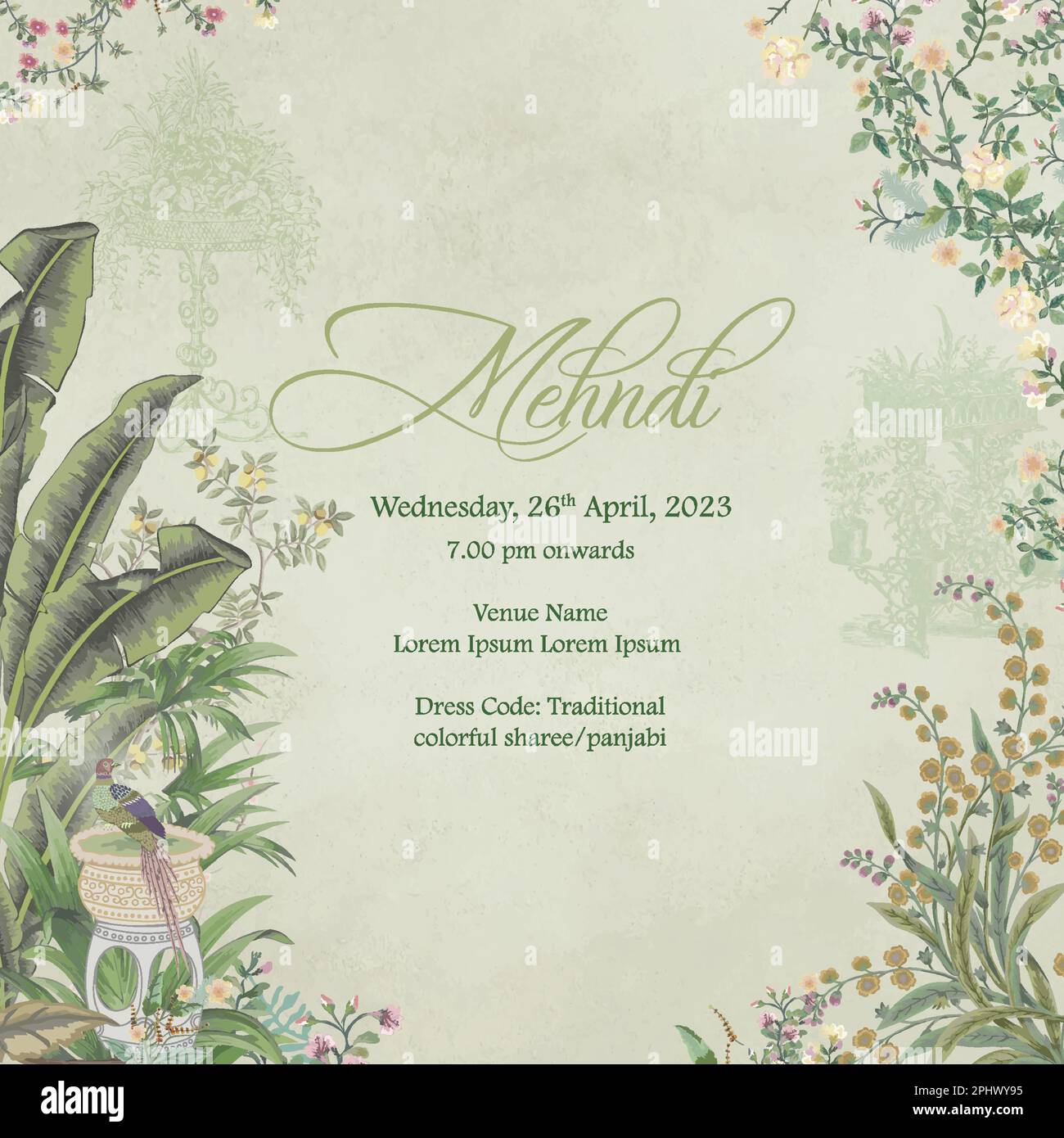 Invitation card for mehndi night. Watercolor grungy background with ...