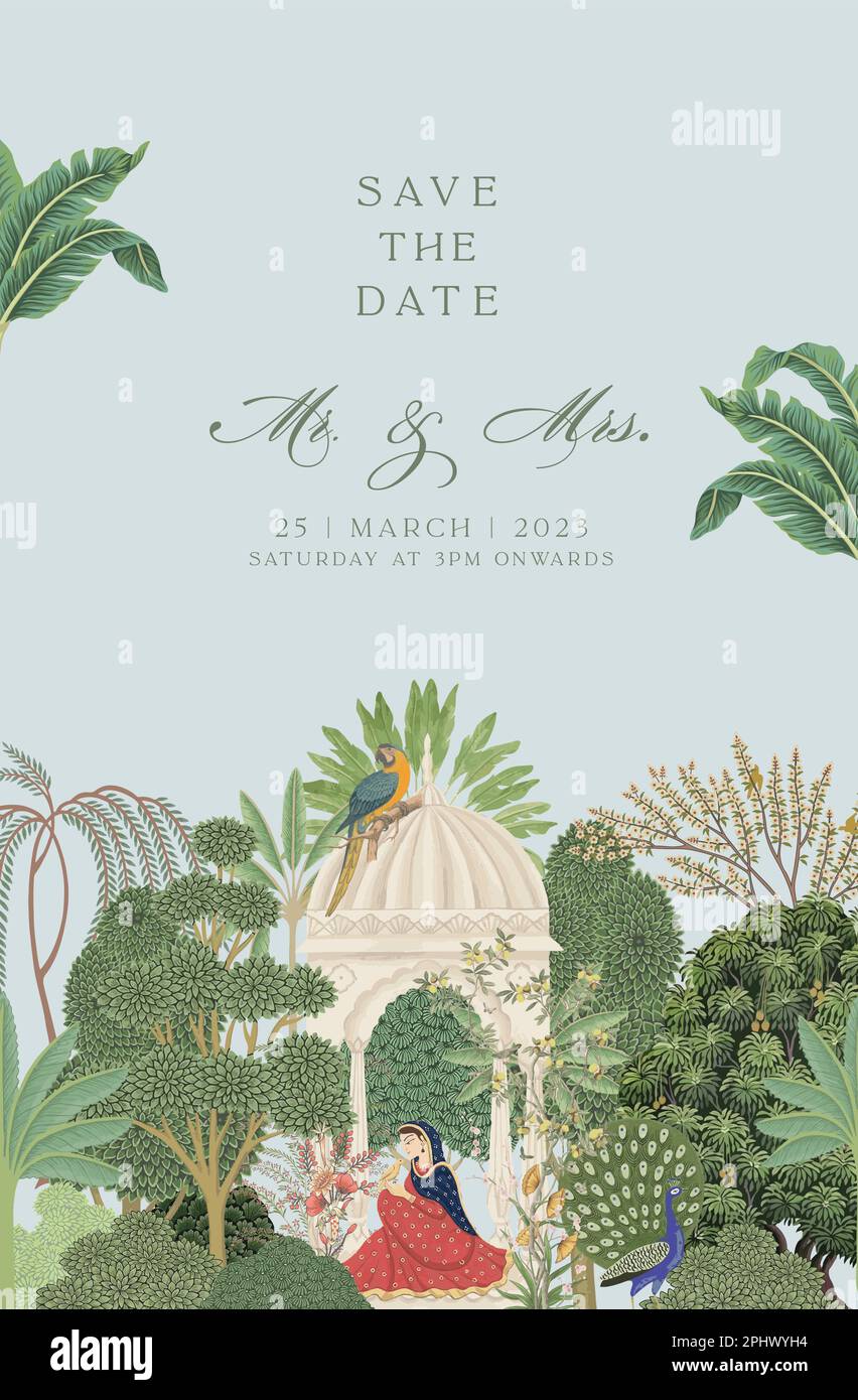 Mughal Wedding Card Design. Invitation card with tropical trees, birds ... Mughal Wedding Card Design. Invitation card with tropical trees, birds ...