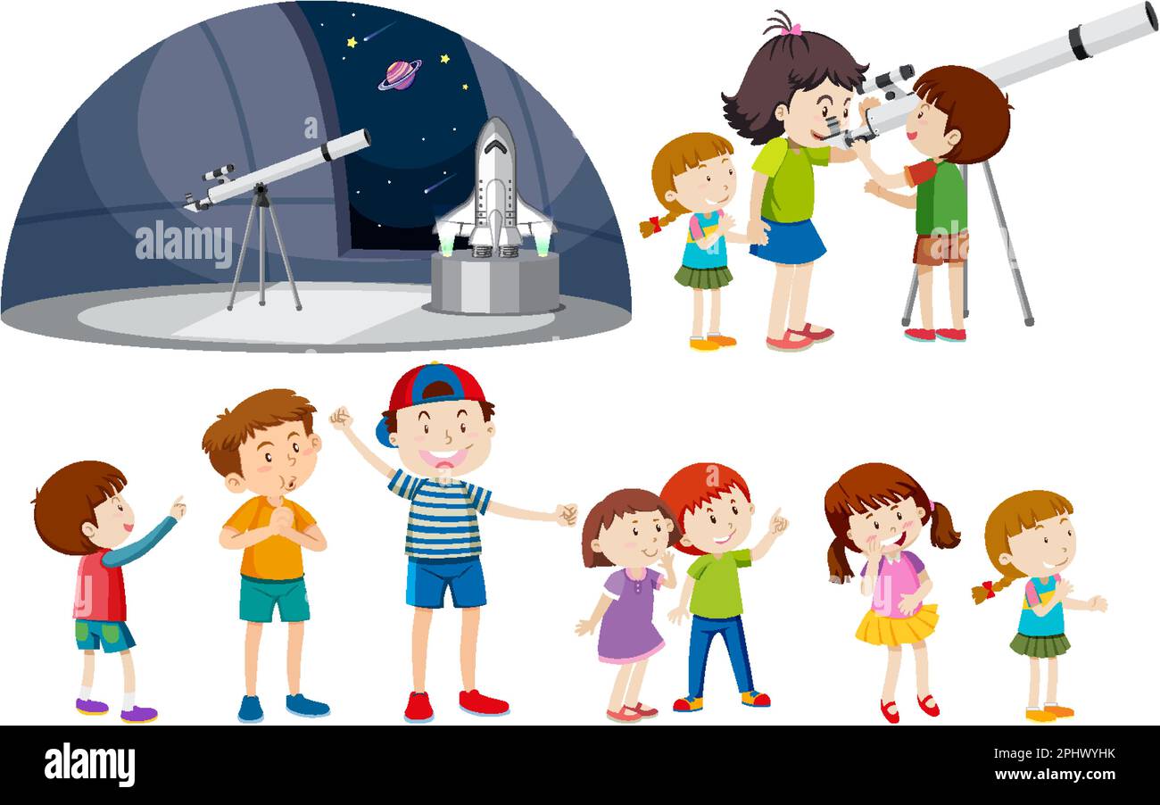 Playful Children Using Telescopes Vector Collection illustration Stock ...