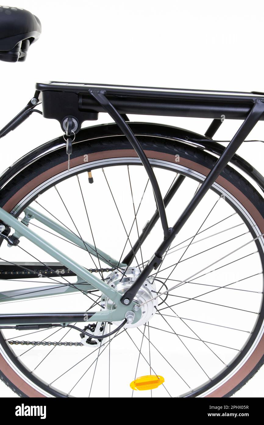 side detail view of e-bike modern bicycle with lithium battery under ...