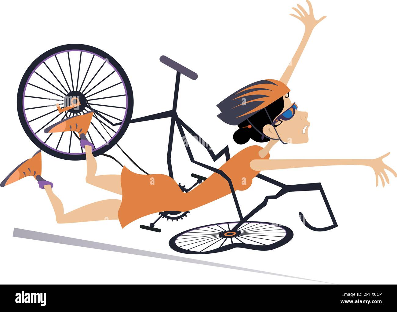 Cyclist woman falling down from the bicycle. Falling down cyclist woman ...