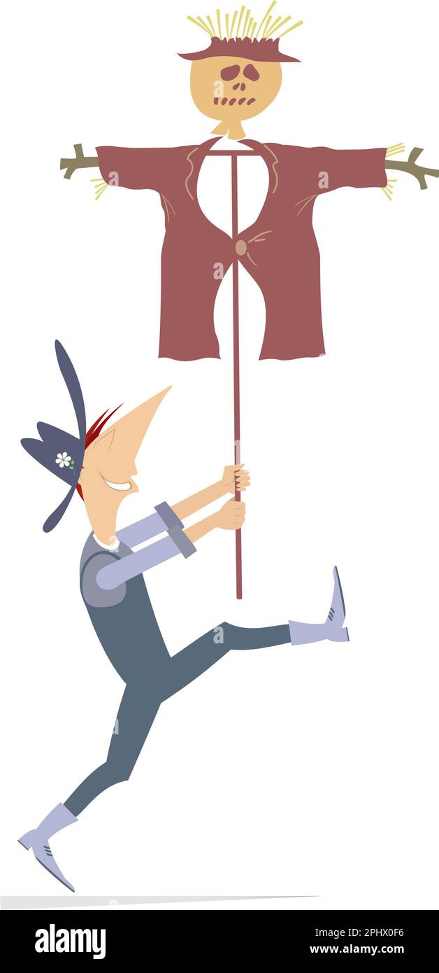 Young man carrying scarecrow. Countryside. Cartoon smiling farmer ...