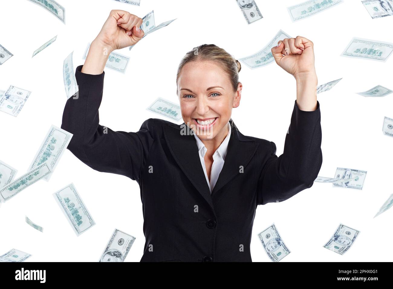 Winning. Cropped portrait of a businesswoman cheering as money rains ...