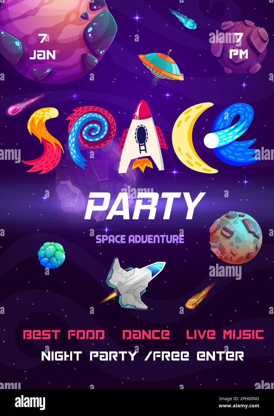 Space party flyer with galaxy planets and rocket on starry sky vector ...