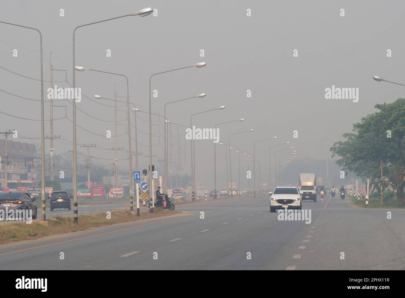Smog city from PM 2.5 dust. Landscape with bad air pollution and ...