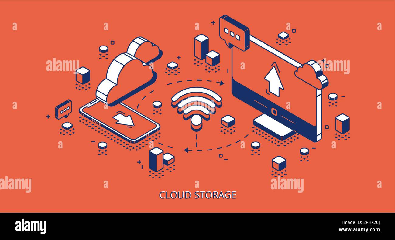 Cloud storage isometric banner. Computer and smartphone connected with cloudy system server via ...