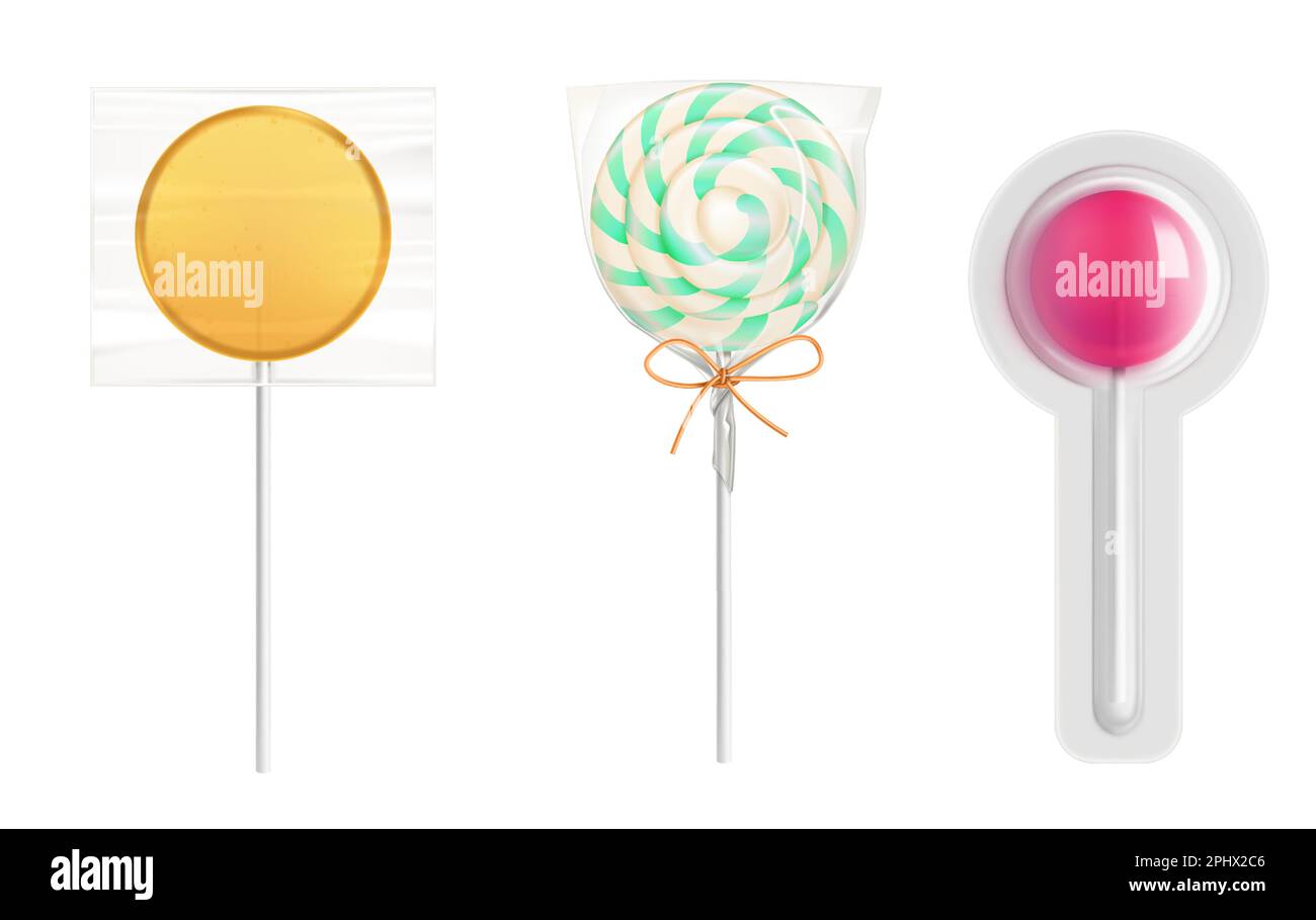 Lollipop candies in transparent plastic pack isolated on white ...