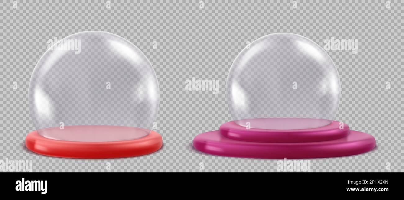 3d empty red snowball with glass dome. Isolated pink magic globe sphere ...