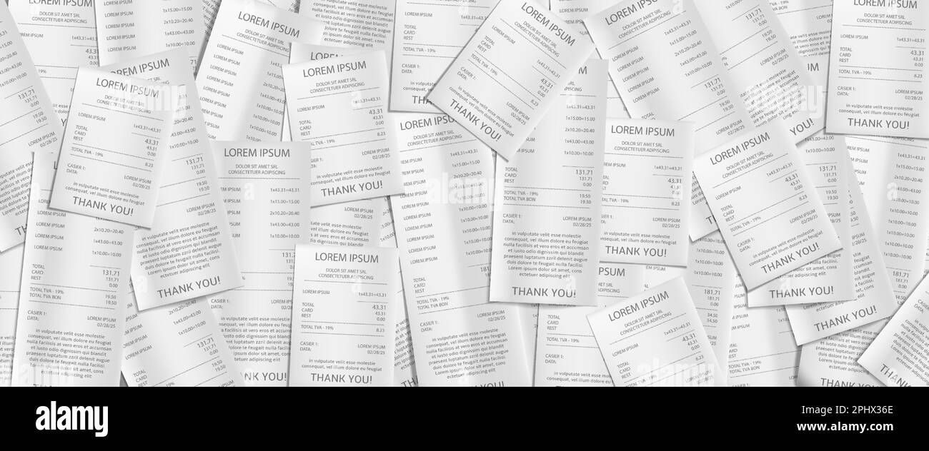 Pile of paper receipts, payment bank checks. Background with heap of ...