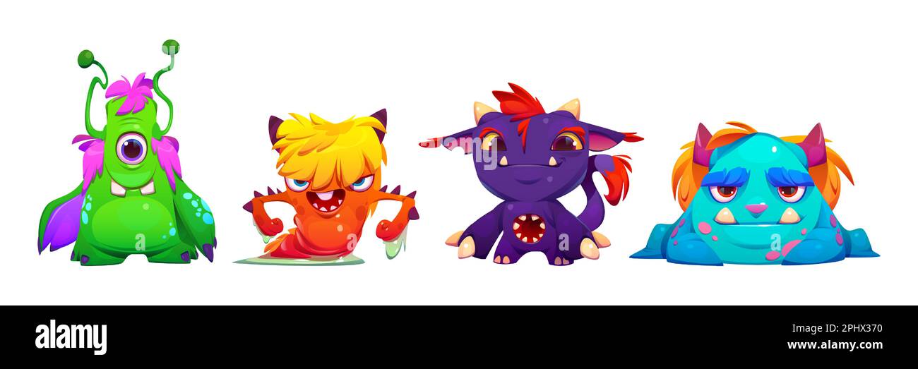 Set of cartoon neon color monsters isolated on black background. Vector ...