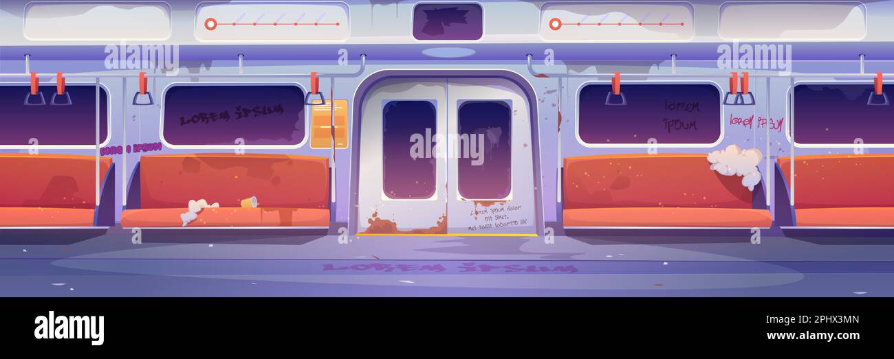Metro in getto, empty subway tube wagon interior with graffiti, broken ...