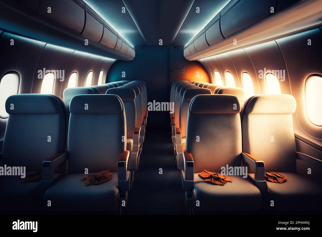 Interior of airplane with seats for passengers, bright sunlight through ...