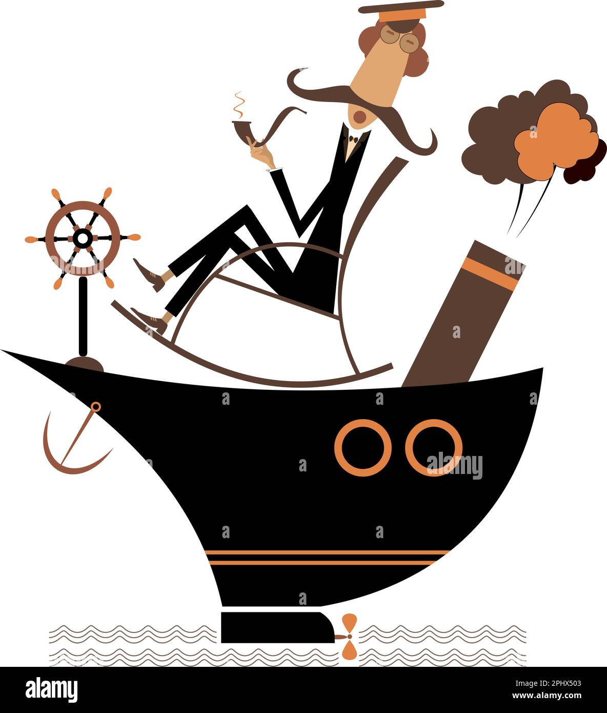 Cartoon captain of the ship with long mustache. The ship. Brave captain ...