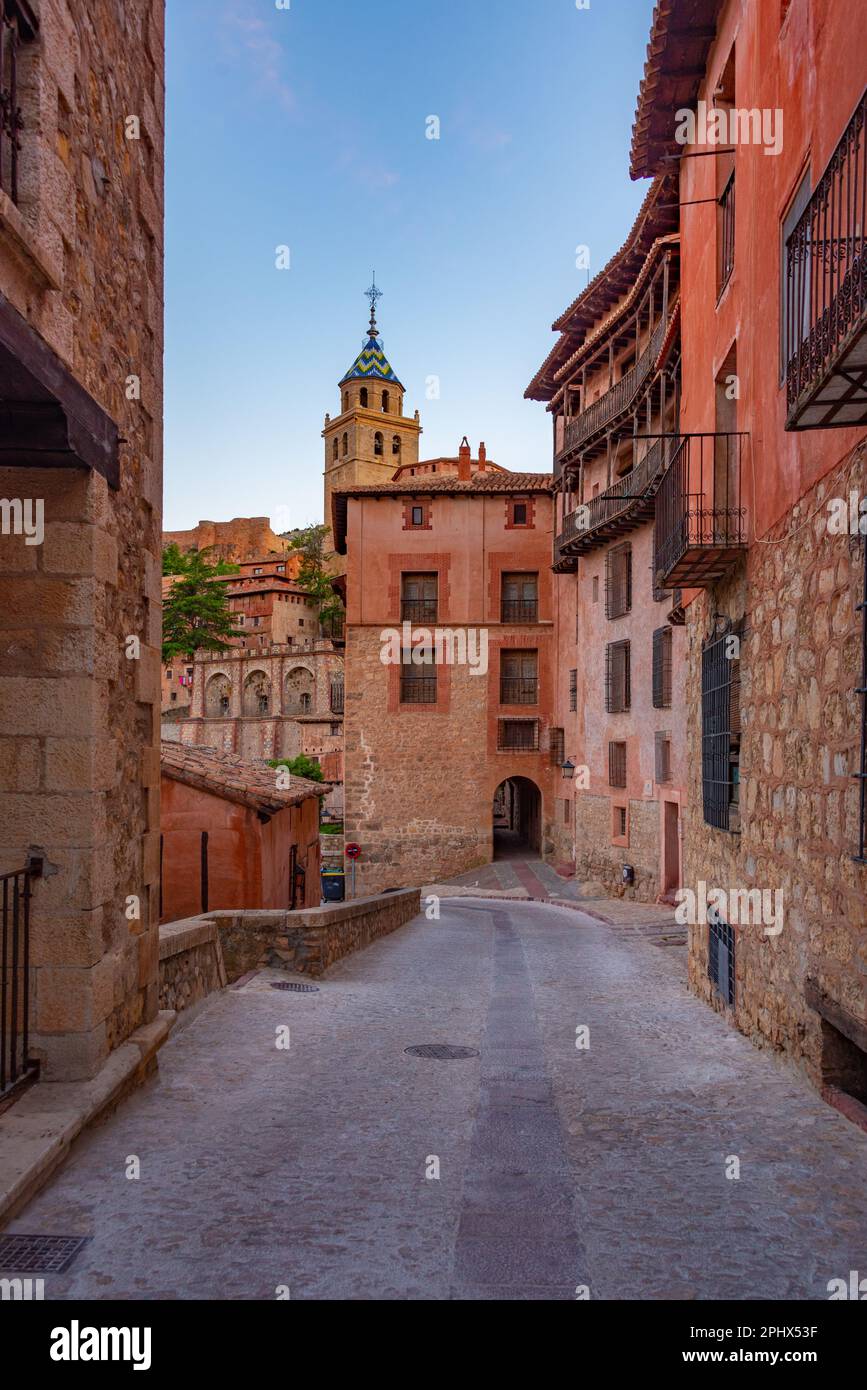 Sunset view of a medieval street in the old town Of Albarracin, Spain ...