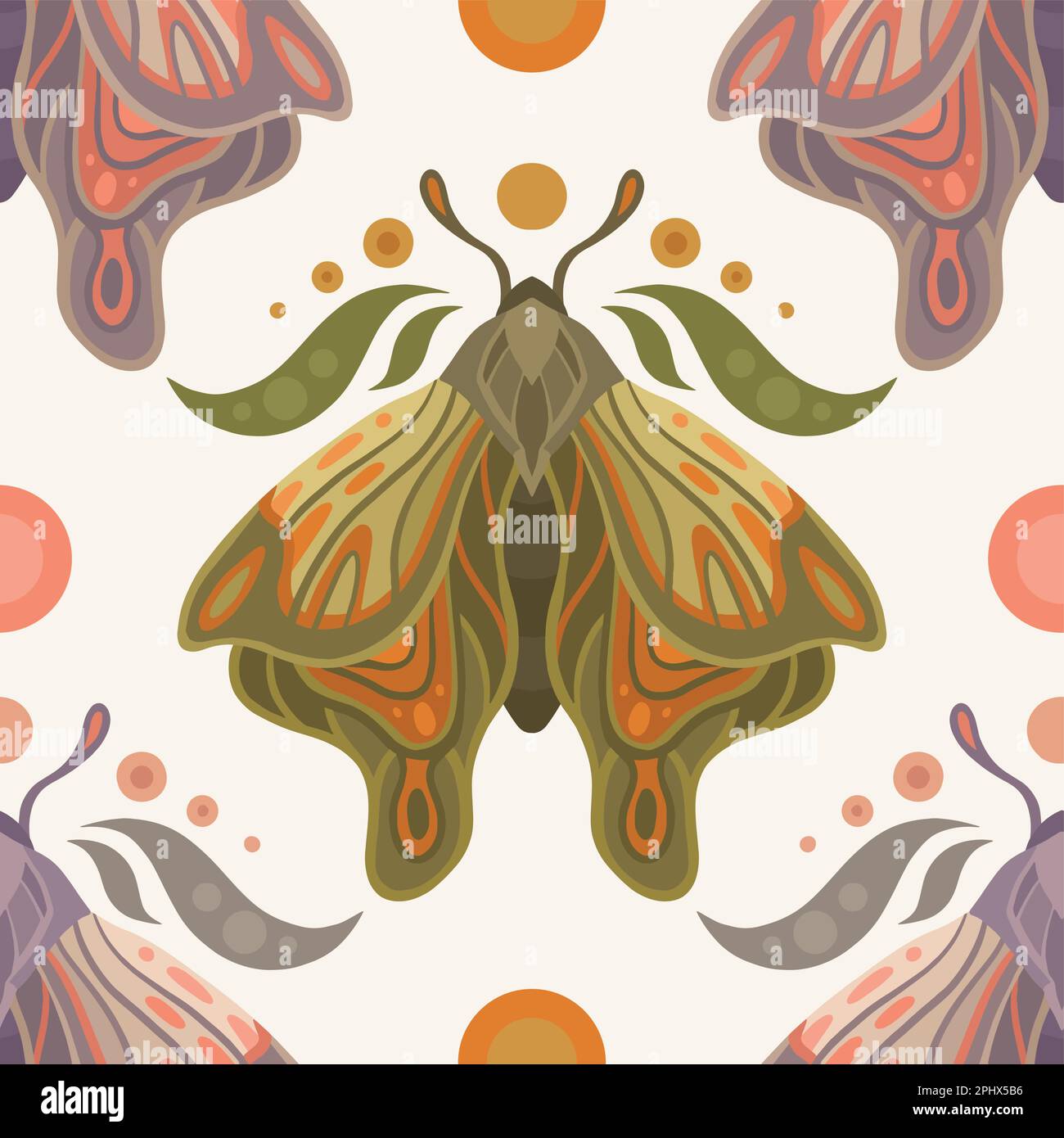 Vector mystical seamless pattern with moths, leaves and moons on white ...