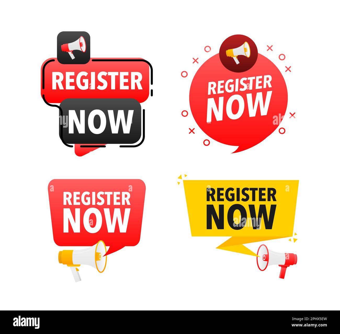 Megaphone label set with text Register now. Register now announcement ...