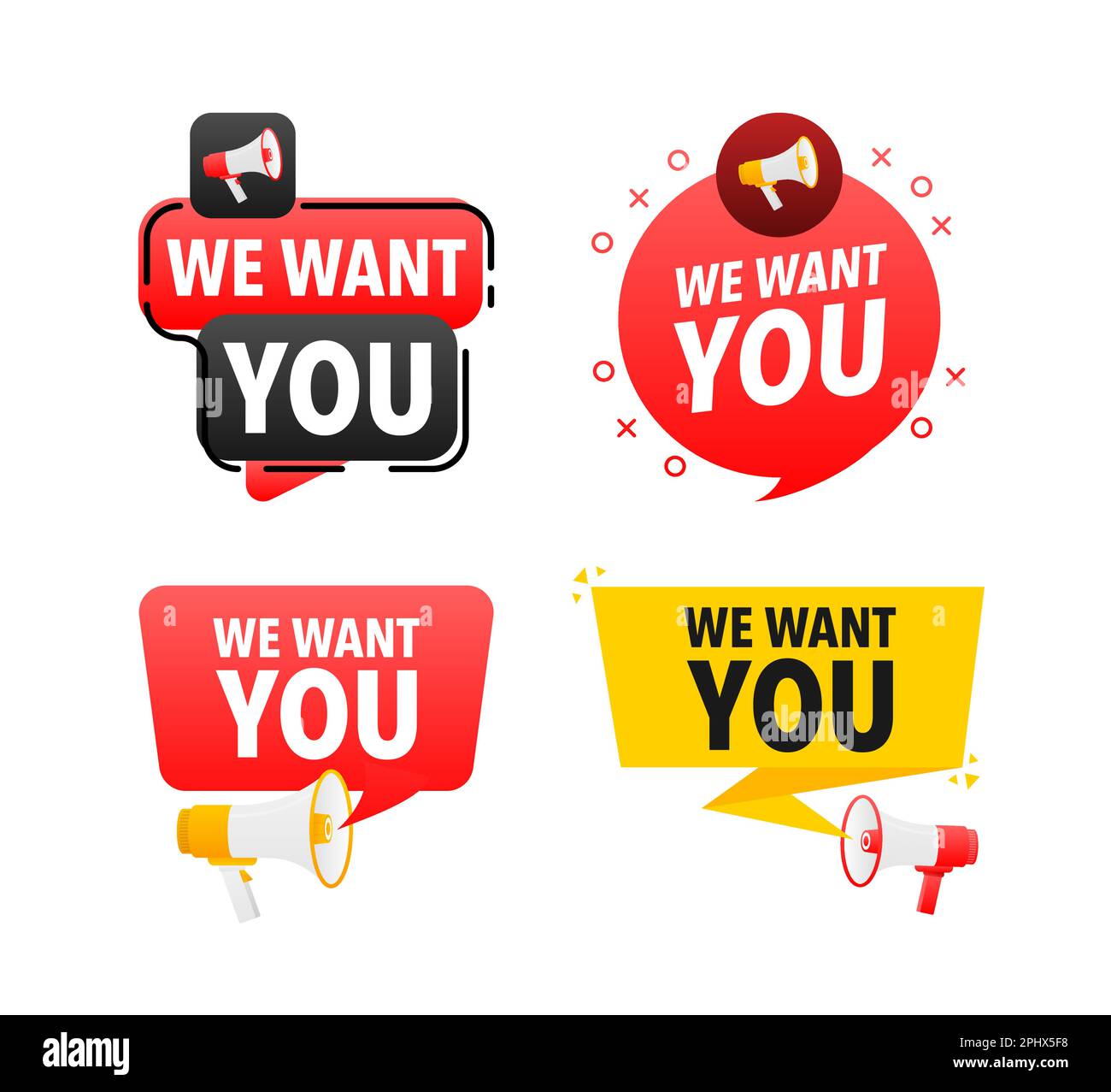 Megaphone label set with text We want you. We want you announcement ...
