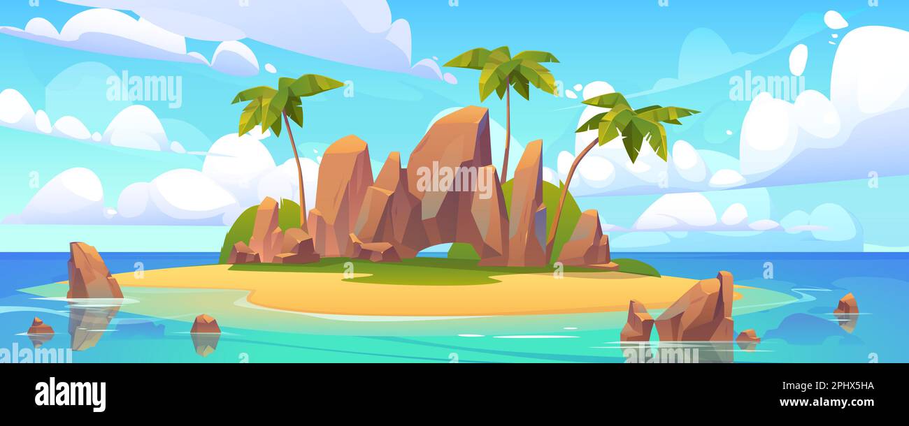 Island in ocean, uninhabited isle with beach, palm trees and rocks ...
