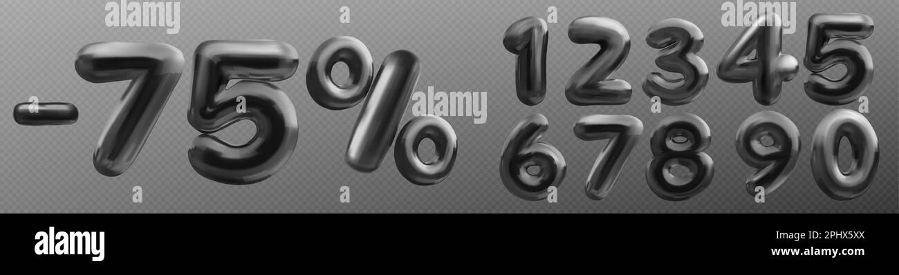 Vector 3d metal number font set. Glossy balloon alphabet sale set with ...