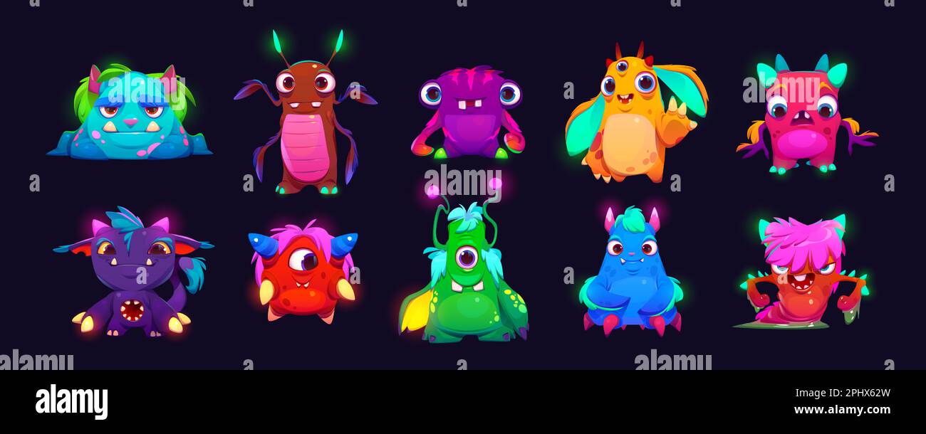 Set of cartoon neon color monsters isolated on black background. Vector ...