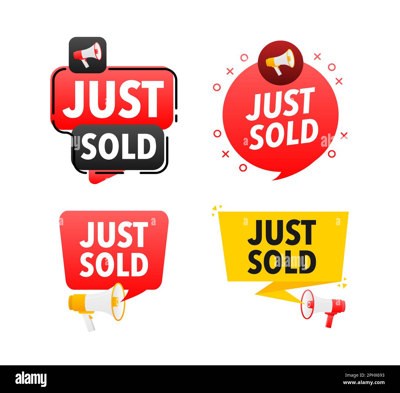 Megaphone label set with text Just sold. Just sold announcement banner ...