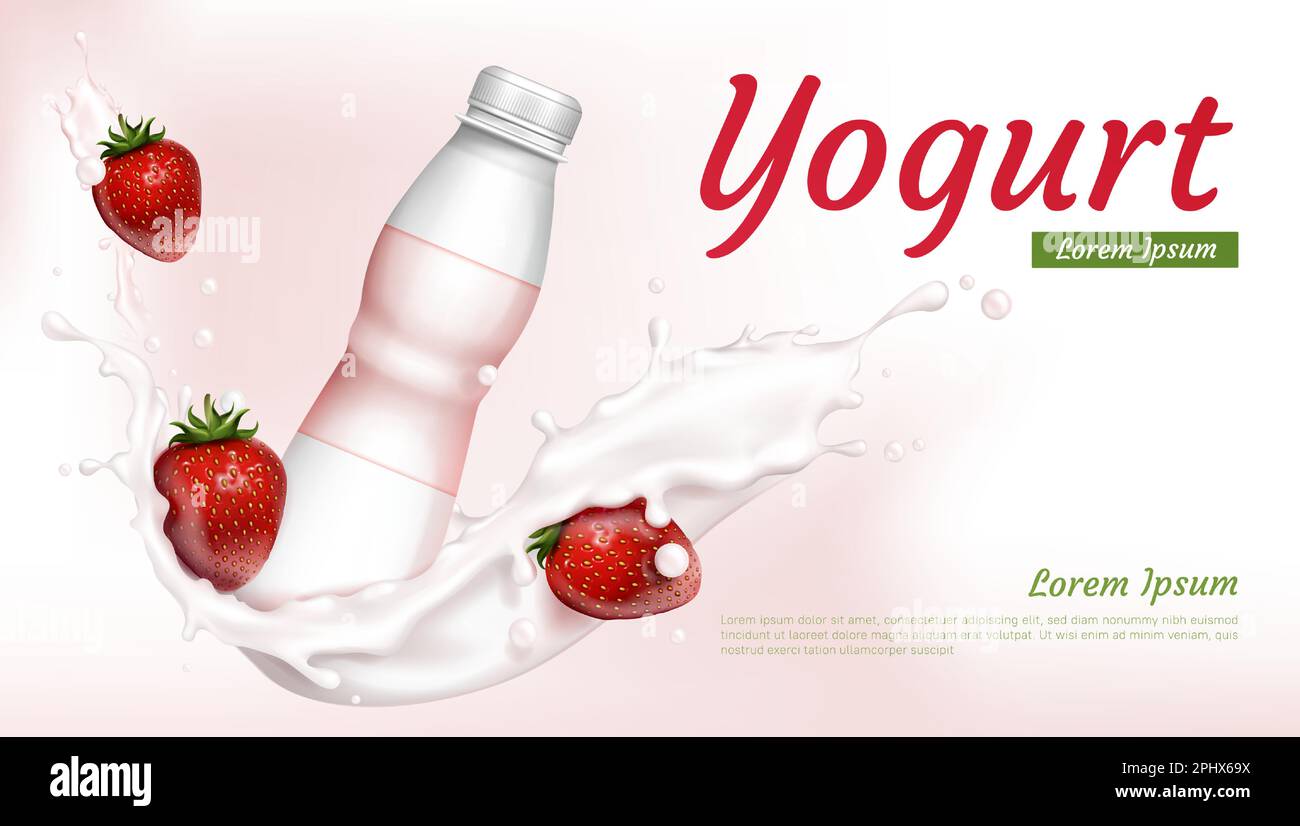 Yogurt advertising with strawberries and milk splash. Blank plastic ...