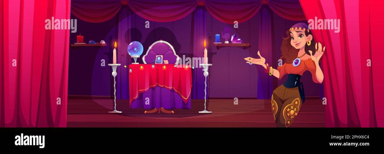 Fortuneteller gypsy woman invite at her mystical room with magic ...