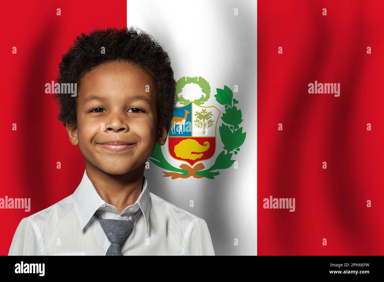 Peru kid boy on flag of Peru background. Education and childhood ...